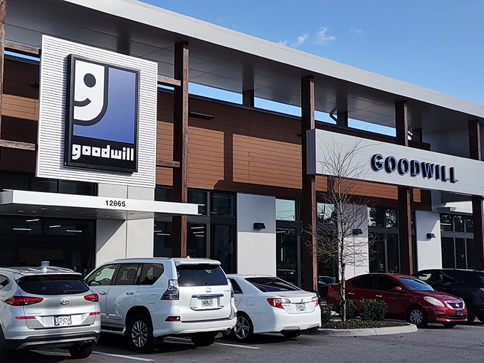 The sleek, modern exterior of Lake Nona's Goodwill breaks every thrift store stereotype. This isn't your grandmother's secondhand shop.
