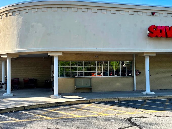 The unassuming exterior of Savers in Framingham &ndash; proof that treasure-hunting paradises don't need flashy facades to hide their bargain bounties.