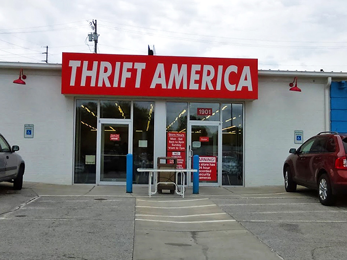 The iconic red signage of Thrift America beckons bargain hunters like a lighthouse for the frugally fashionable. This Omaha landmark promises treasures within.