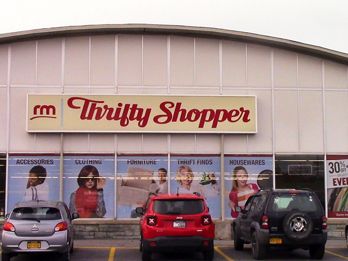 The curved roof of Thrifty Shopper stands like a cathedral of secondhand treasures, promising retail adventures that won't break the bank.