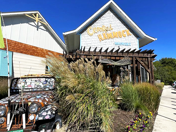 Sunshine, blue skies, and that inviting coastal architecture &ndash; the Crooked Hammock's exterior practically whispers, "Your afternoon plans? They're right here."