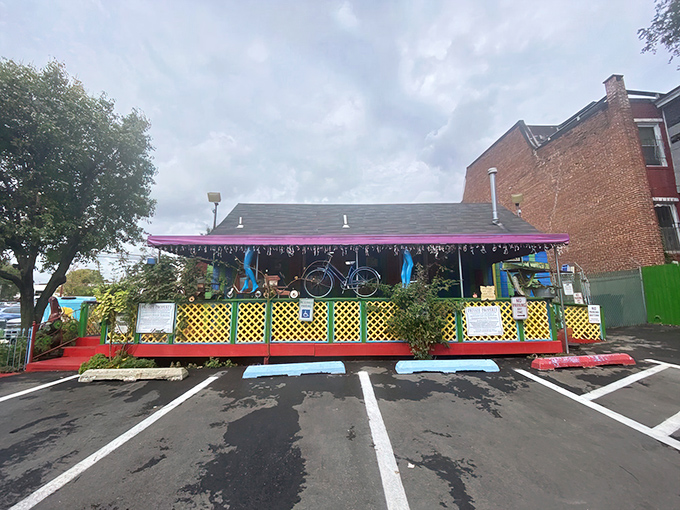The PaperMoon's exterior is like a rainbow that decided to settle down and serve breakfast. Mannequins stand guard, welcoming hungry adventurers to Baltimore's quirkiest dining destination. 