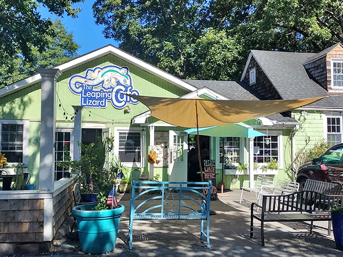 The lime-green cottage and whimsical lizard sign is like stumbling into a Dr. Seuss book where delicious food awaits.