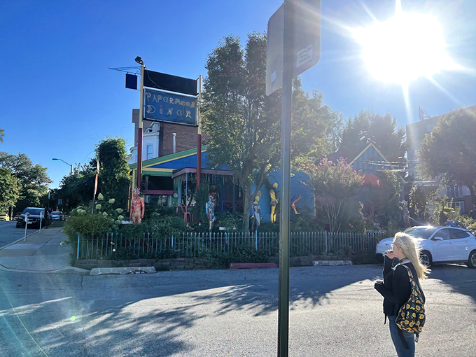 The PaperMoon's exterior is like a rainbow that decided to settle down and serve breakfast. Mannequins stand guard, welcoming hungry adventurers to Baltimore's quirkiest dining destination.  