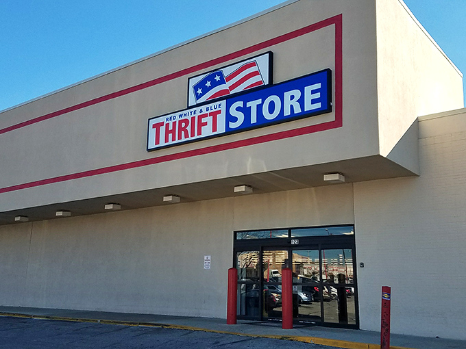 The unassuming exterior of Red White & Blue Thrift Store&mdash;like finding a treasure chest disguised as an ordinary box. Adventure awaits behind those doors!