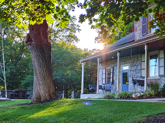 The stone farmhouse at Rocky Acre Farm stands like a time capsule against the Pennsylvania sky, where modern stress dissolves into country charm.