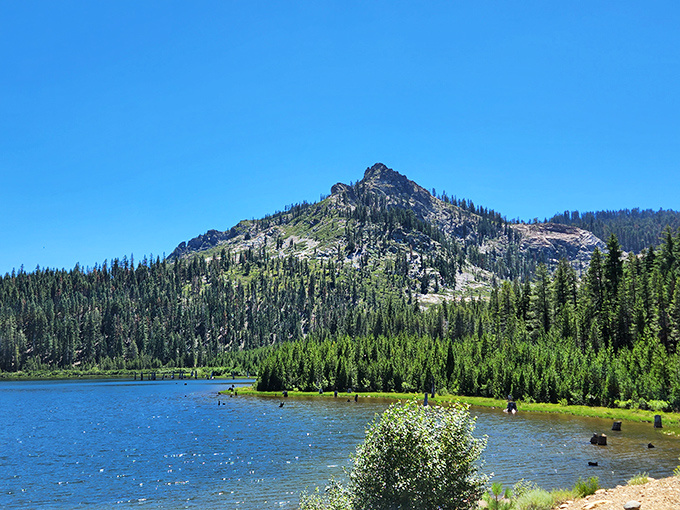 Nature's perfect postcard: a serene alpine lake reflecting the rugged peak above, where the Sierra Nevada shows off without even trying. 