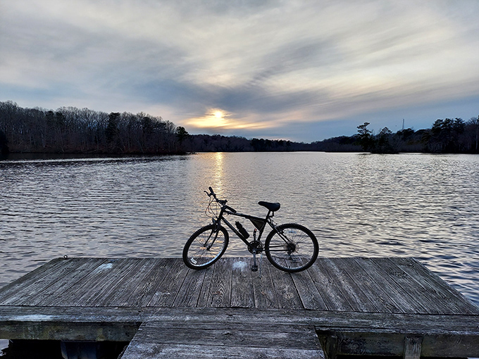 A lone bicycle waits patiently on a weathered dock, as if saying, "Take a moment, will you? This sunset reflection isn't going to appreciate itself."
