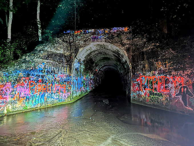 The entrance beckons with an eerie invitation &ndash; colorful graffiti leading into darkness where legends and water converge in Tennessee's most notorious tunnel.
