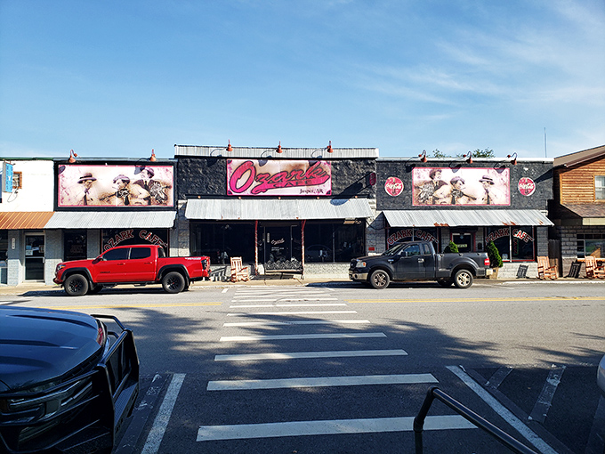 The black facade of Ozark Cafe stands proudly on Jasper's main street, vintage photos and that classic Coca-Cola signage promising authentic Arkansas comfort within.