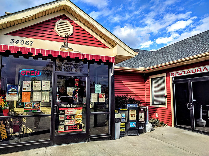 The cherry-red exterior of Frankford Family Diner stands out like a beacon of comfort food hope on Route 113, promising delicious salvation for hungry travelers.
