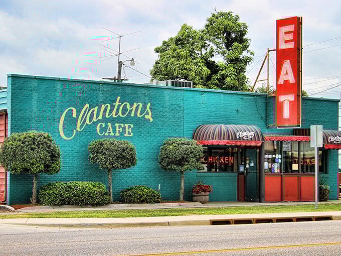 The turquoise and red exterior of Clanton's stands out like a beacon on Route 66, promising comfort food salvation to weary travelers. 
