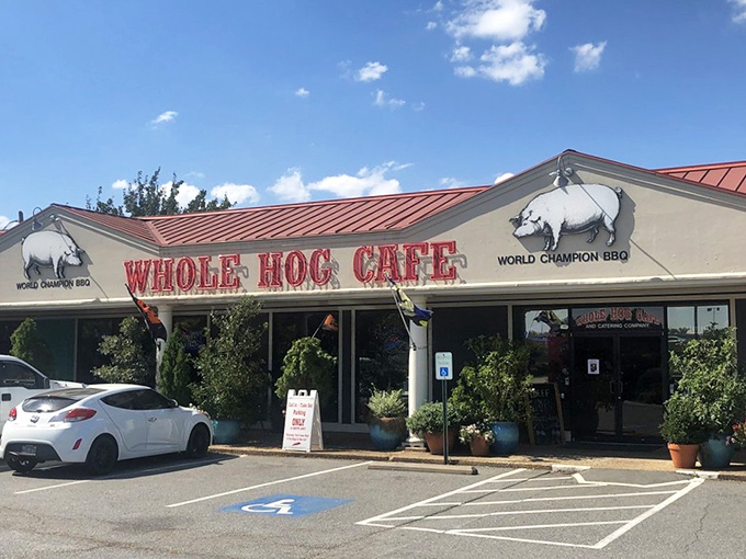 The unassuming facade of Whole Hog Cafe proudly announces its "World Champion BBQ" status&mdash;like a poker player who doesn't need to bluff.