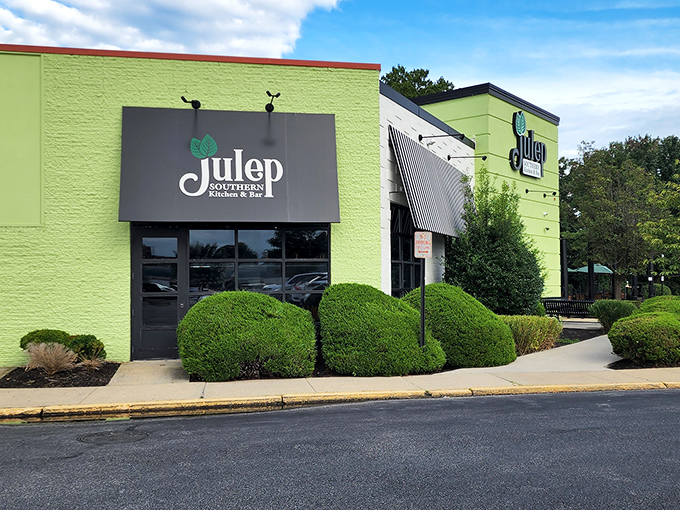 The lime green beacon of Julep Southern Kitchen & Bar stands out in Annapolis like a friendly Southern hello, complete with inviting benches for pre-feast relaxation.