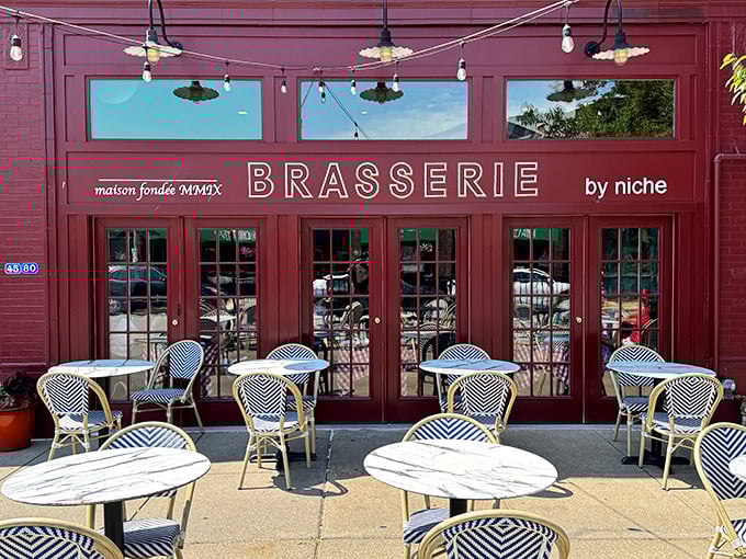 The burgundy fa&ccedil;ade beckons like a Parisian street corner transplanted to St. Louis, complete with those quintessential French bistro tables waiting for your arrival.