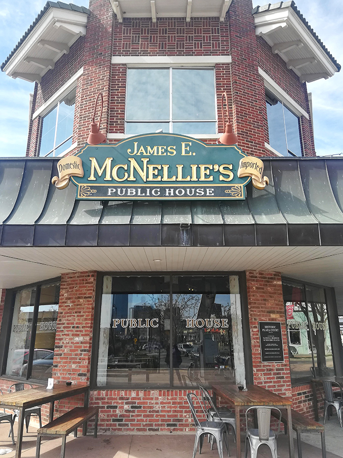 A beacon of comfort in the heart of OKC! McNellie's brick facade and welcoming sign promise a taste of Ireland with an Oklahoma twist. 