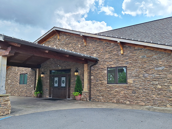 Stone doesn't just build houses—it builds appetites. The Wonder Bar's rugged exterior promises mountain-worthy meals inside those wooden doors.