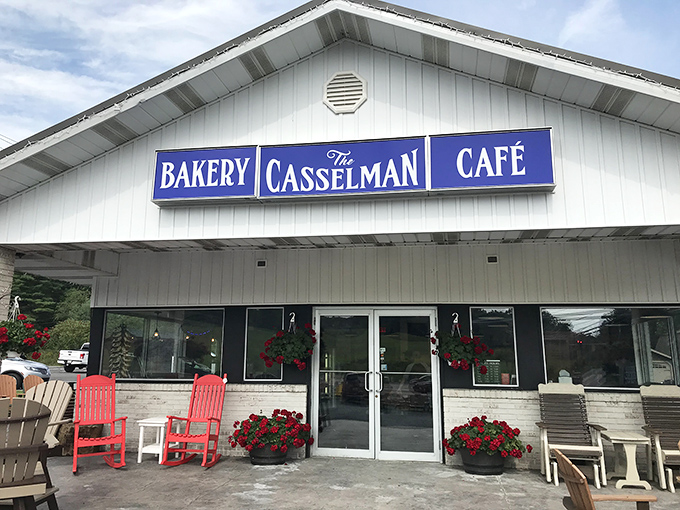 The white clapboard exterior with its bold blue sign promises comfort and carbs in equal measure. Mountain paradise found.