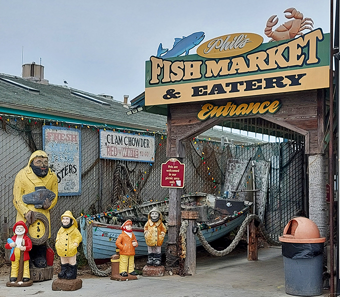 The unassuming blue exterior of Phil's Fish Market & Eatery stands like a salty sea captain &ndash; weathered, unpretentious, and hiding treasures within.