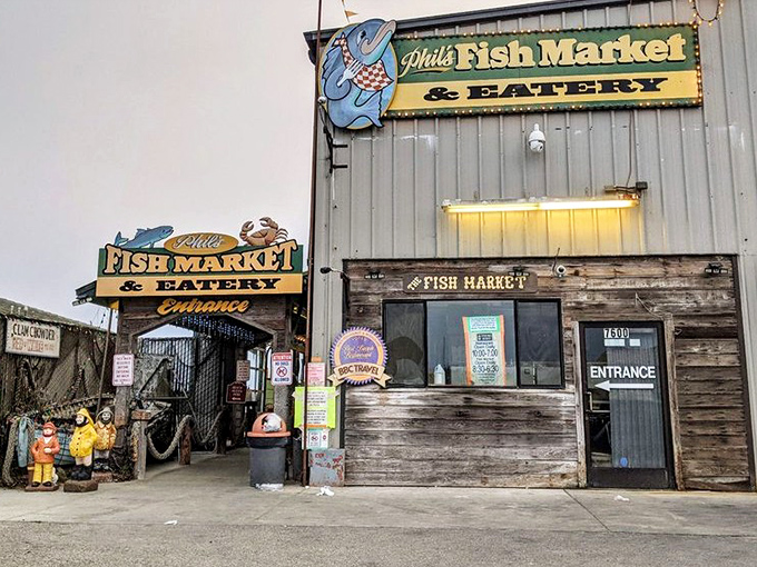 The unassuming exterior of Phil's Fish Market belies the culinary treasures within. Like finding a pearl in an oyster, this weathered facade houses seafood magic.