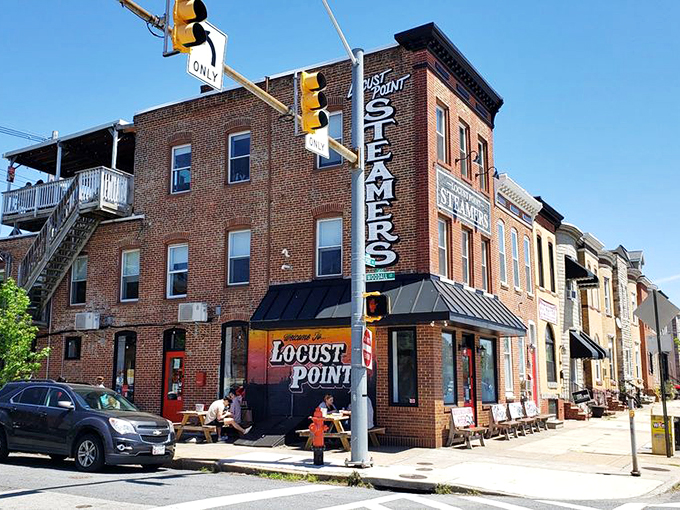 That iconic vertical "STEAMERS" sign is like a lighthouse for the hungry, guiding seafood pilgrims to this brick corner of Baltimore's Locust Point neighborhood.