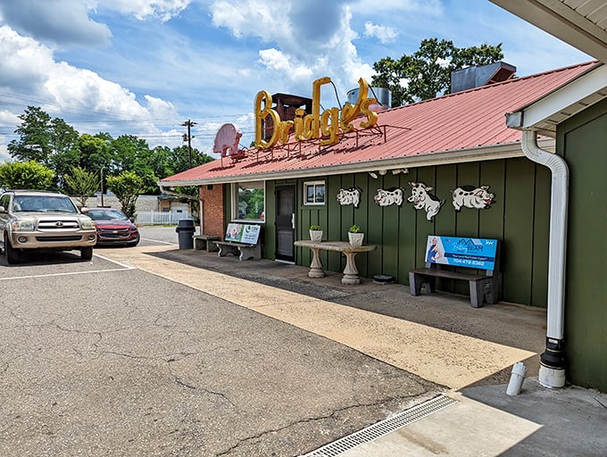 The vintage neon sign beckons like a barbecue lighthouse, guiding hungry travelers to this unassuming temple of smoke and tradition since 1946. 