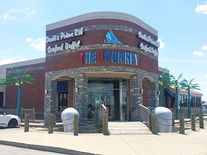 The Journey's distinctive curved brick exterior with nautical touches promises a culinary adventure before you even step inside. Those decorative palm trees aren't lying&mdash;something special awaits.