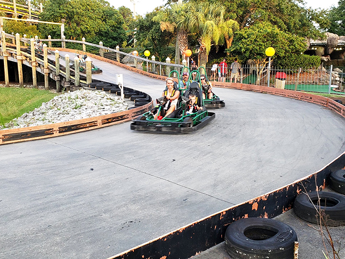 Racing around the bend, these go-karters experience that perfect moment when childhood joy meets adult competitive spirit. Those colorful tires aren't just for show—they're dream cushions for wannabe NASCAR stars.