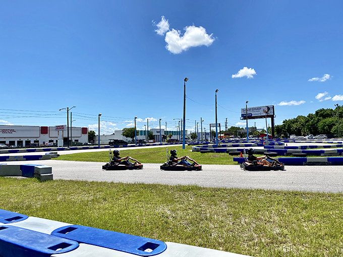 The thrill of the chase! Pro Karting Experience's outdoor track combines Florida sunshine with the perfect blend of straightaways and challenging turns.