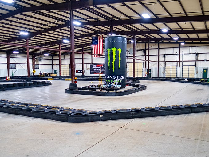 The starting grid at Full Throttle looks like NASCAR for the vertically challenged. Ready-to-race karts await their next speed demons.