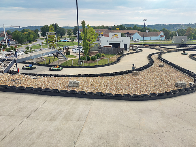 The winding concrete track at Xtreme Racing Center beckons speed enthusiasts with its professional-grade curves and tire barriers. Formula 1 dreams on a Branson budget! 
