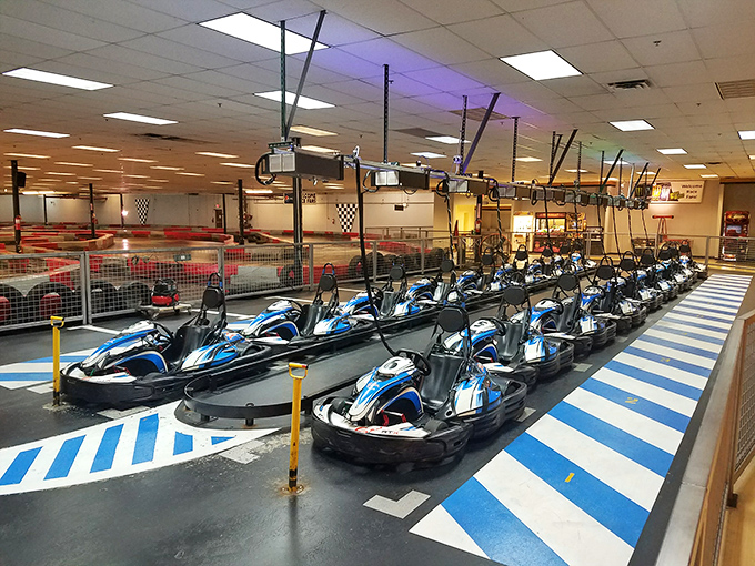The starting grid at Buckeye Raceway&mdash;sleek electric karts await their drivers, each promising an adrenaline rush on Columbus's premier indoor track.
