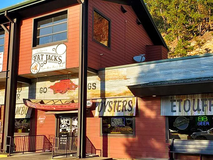 The rustic red exterior of Fat Jack's beckons like a siren song to seafood lovers, promising treasures within that would make Neptune himself jealous.