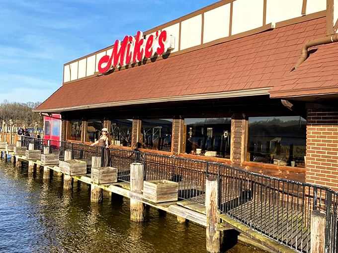 Waterfront dining doesn't get more literal than this&mdash;Mike's iconic red sign beckons hungry seafood lovers like a lighthouse for the famished.