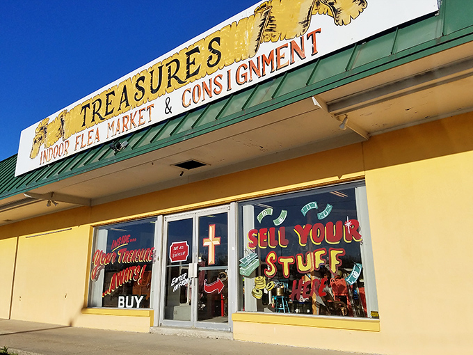 The unassuming exterior of Treasures Indoor Flea Market beckons with promises of hidden gems and the thrill of the hunt.