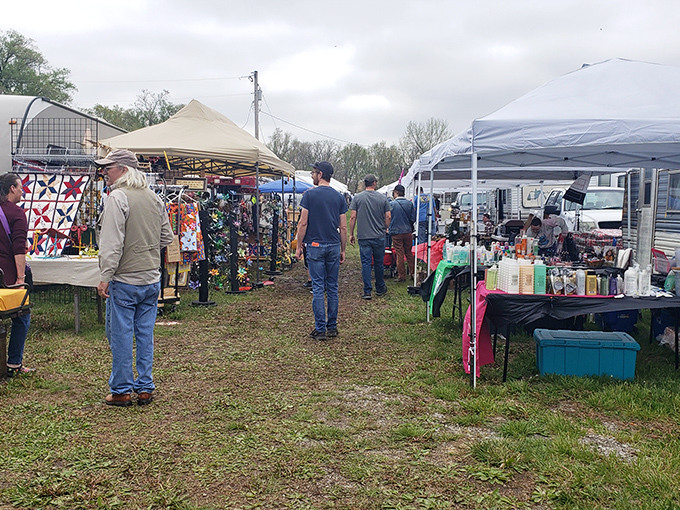 From this aerial view, Sparks Flea Market resembles a treasure hunter's Disneyland&mdash;white tents and colorful displays sprawling across the Kansas countryside.