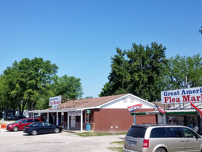 The treasure hunt begins! Rows of covered vendor stalls stretch into the distance at Great American Flea Market, where one person's castoffs become another's discoveries.