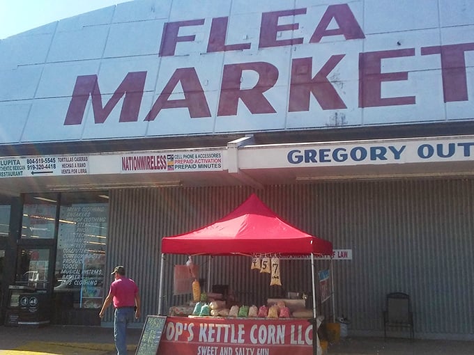 The no-frills exterior says it all: "FLEA MARKET" in bold red letters&mdash;a siren call to bargain hunters that promises treasures await inside.