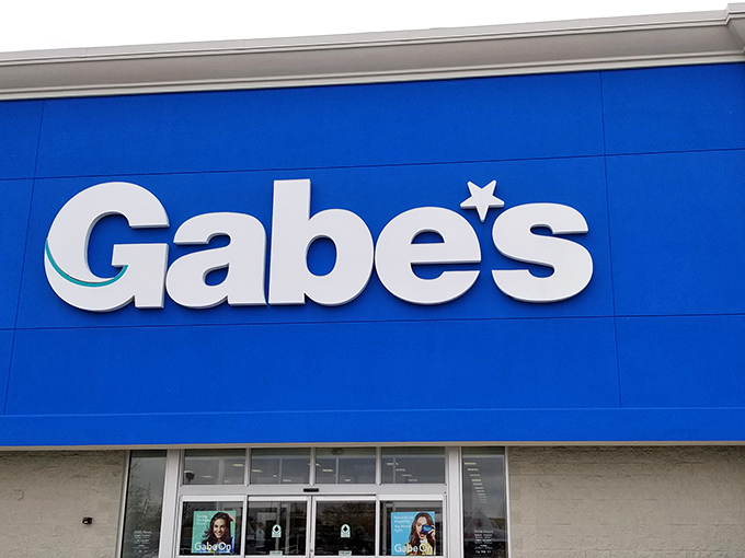 The iconic blue Gabe's sign beckons like a lighthouse for bargain hunters. No fancy frills, just the promise of deals that'll make your wallet sigh with relief.