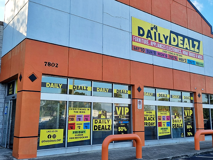 The bright orange facade of Daily Dealz stands out like a bargain beacon, complete with its promise that "Every Day is Black Friday!" No false advertising here.