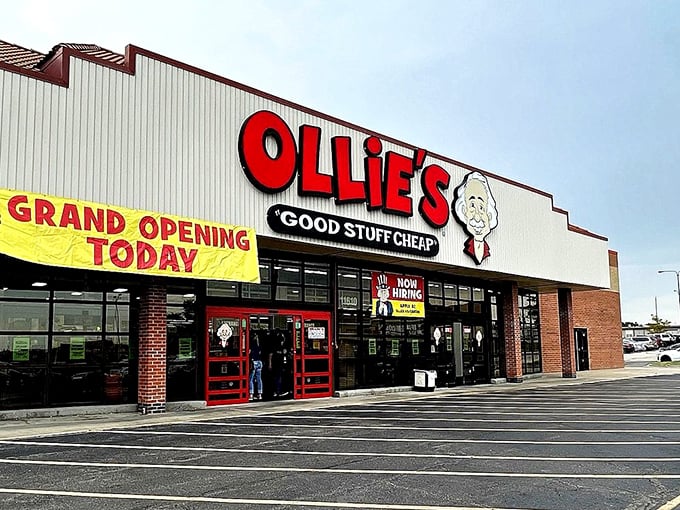 The iconic Ollie's storefront promises "Good Stuff Cheap" beneath that cartoon mascot grin &ndash; retail therapy's most honest advertising campaign.