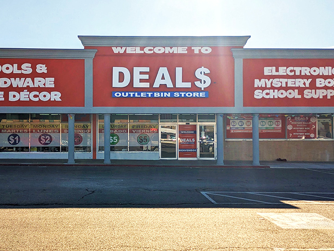 The bright red storefront of Deals Outlet Bin Store stands out like a beacon of bargain hope on SW 59th Street. Treasure hunting begins here!