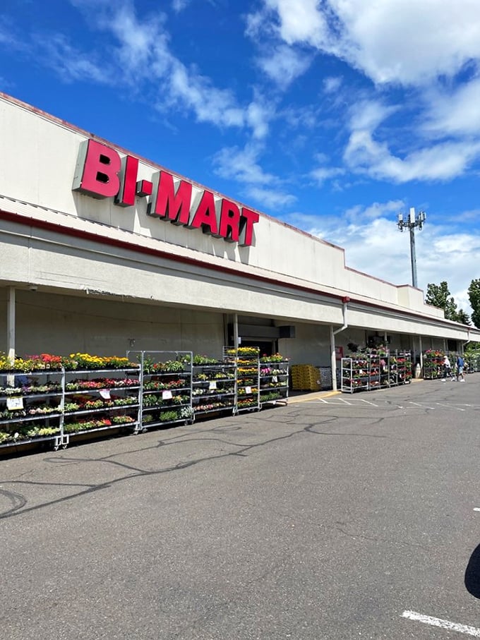 The iconic red Bi-Mart sign against a blue Oregon sky promises treasure hunting adventures within. Garden plants stand ready for your next backyard project. 
