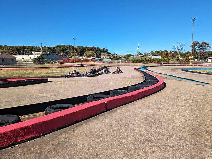 The winding track at Lokomotion beckons speed demons of all ages. Those red and blue barriers aren't just for show&mdash;they've caught many an overzealous driver with NASCAR dreams.