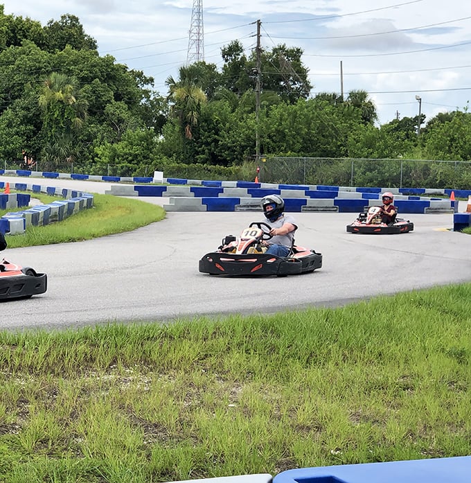 The thrill of the chase! Pro Karting Experience's outdoor track combines Florida sunshine with the perfect blend of straightaways and challenging turns.