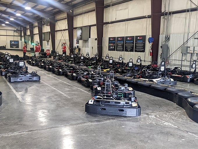 The starting grid at Full Throttle looks like NASCAR for the vertically challenged. Ready-to-race karts await their next speed demons.