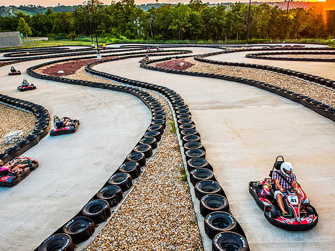 The winding track at Xtreme Racing Center looks like a concrete ribbon of dreams. Smoky Mountain sunsets provide the perfect backdrop for high-speed shenanigans.