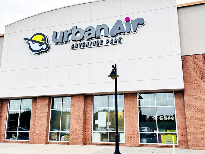 The climbing walls at Urban Air offer a Tetris-like challenge with colorful handholds. Who knew scaling a brick facade could be this much fun? 