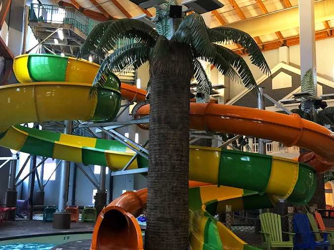 The architectural equivalent of a "come hither" gesture—colorful water slides beckoning from the exterior like tropical serpents promising aquatic thrills.