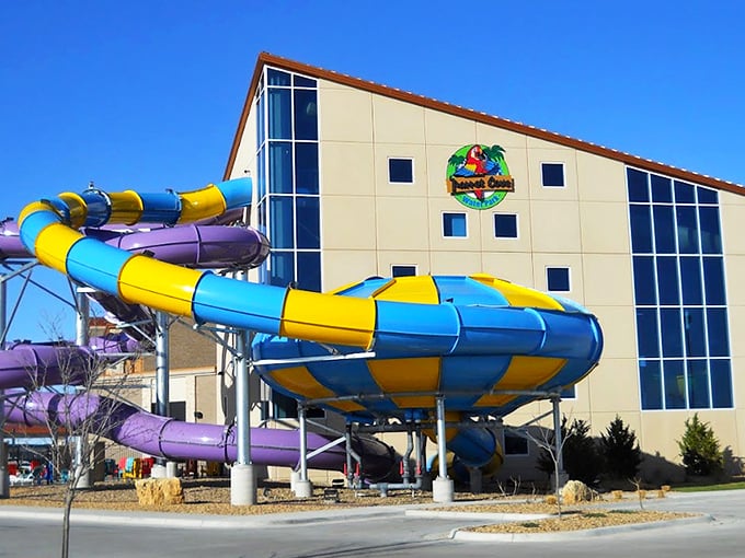 The architectural equivalent of a "come hither" gesture&mdash;colorful water slides beckoning from the exterior like tropical serpents promising aquatic thrills.
